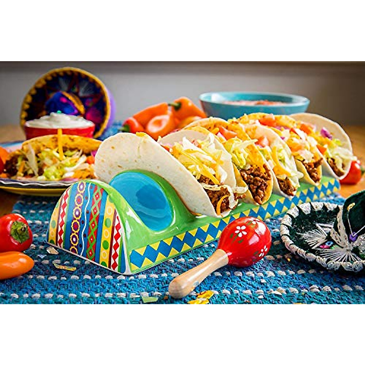 Ceramic Taco Holder Stand - Colorful Handmade Taco Stand with 6 Dividers - Taco Shell Holder for Soft or Hard Taco Shells for Taco Tuesday, 14 Inches Long by 4 Inches Wide
