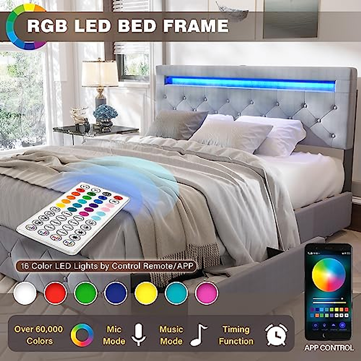 HOMFAMILIA Queen LED Bed Frame with 4 Storage Drawers and 2 USB Ports, Modern Adjustable Upholstered Button Tufted Headboard, Solid Wooden Slat Support, No Box Spring Needed(Light Grey)