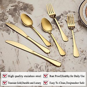 ReaNea Gold Silverware Set 36 Pieces Service for 12, Stainless Steel Titanium Gold Flatware Set include Knives Spoon Forks Set, Silverware Set, Serving Utensil Set