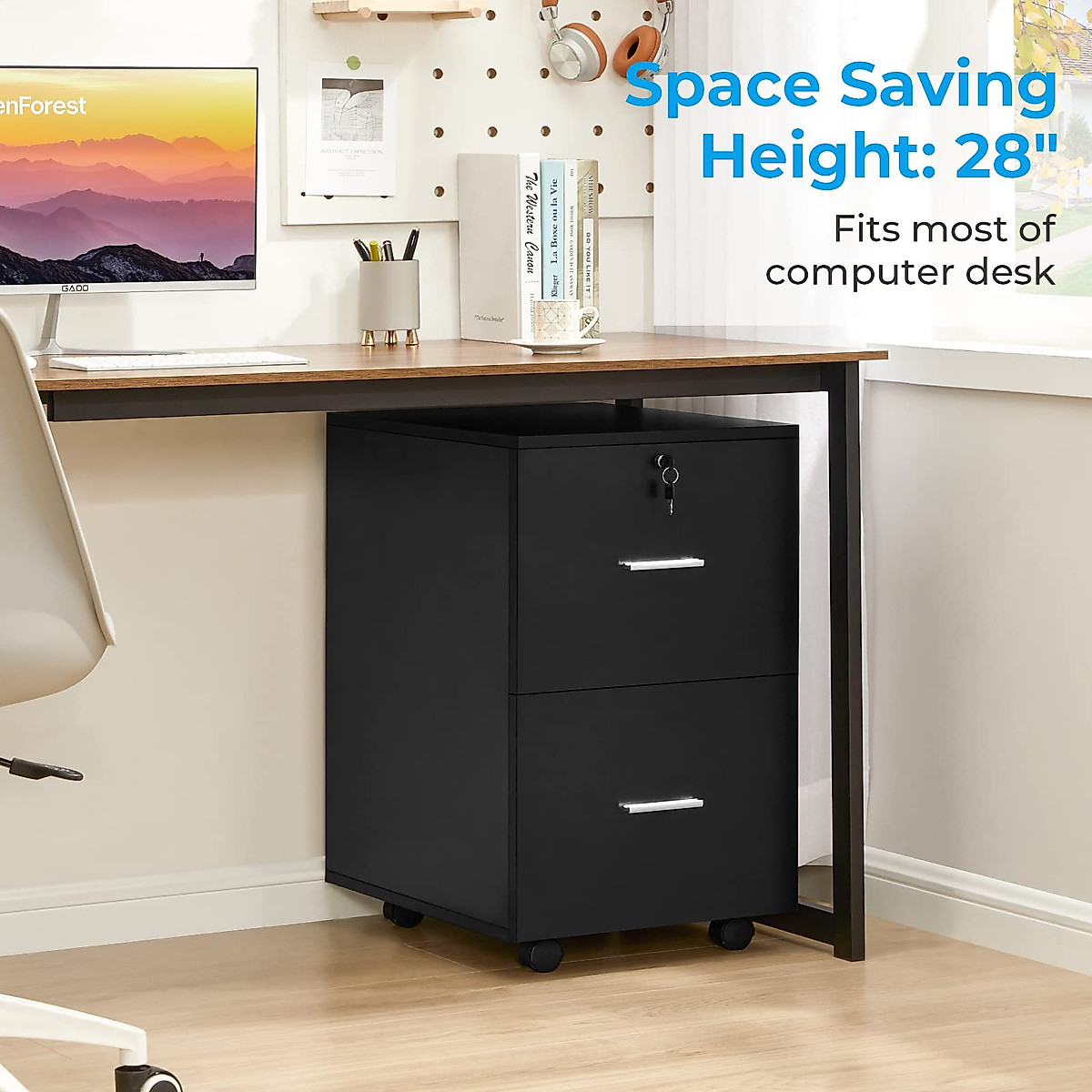 GreenForest File Cabinet 2 Drawers Wooden Vertical Filing Cabinet with Lock Rolling Mobile Office Pedestal File Cabinet for Hanging File Folders Home Office Storage Cabinet, Black