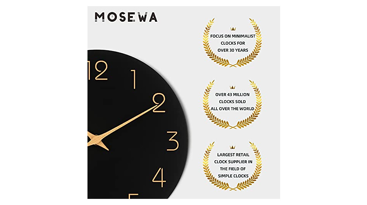 Mosewa 12" Silent Black Wall Clock - Modern & Non-Ticking