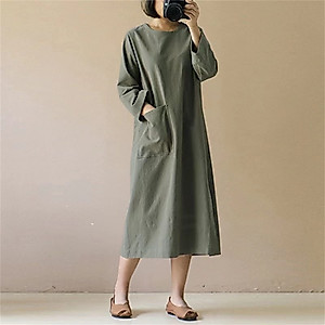 A Line Summer Dresses for Women 2023 Women Long Sleeve O Neck Solid Literary Retro Casual Dress with Pockets Army Green