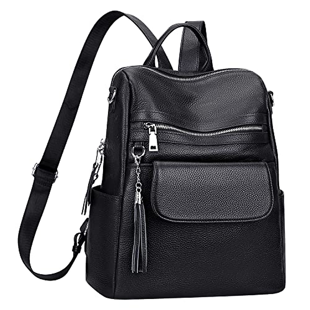 ALTOSY Genuine Leather Backpack Purse for Women Large Convertible Shoulder bag Ladies Crossdody Bag with Tassel(S115 Black)