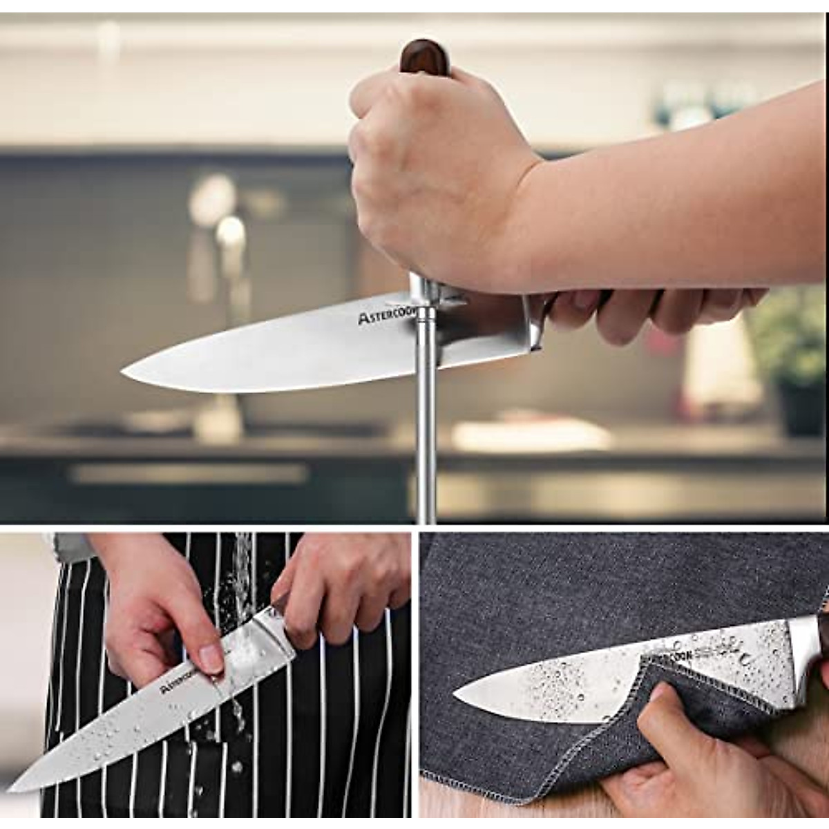 Knife Set, 15 Pcs Kitchen Knife Set With Block, Astercook German Stainless Steel With Scissors, Knife Sharpener and 6 Serrated Steak Knives