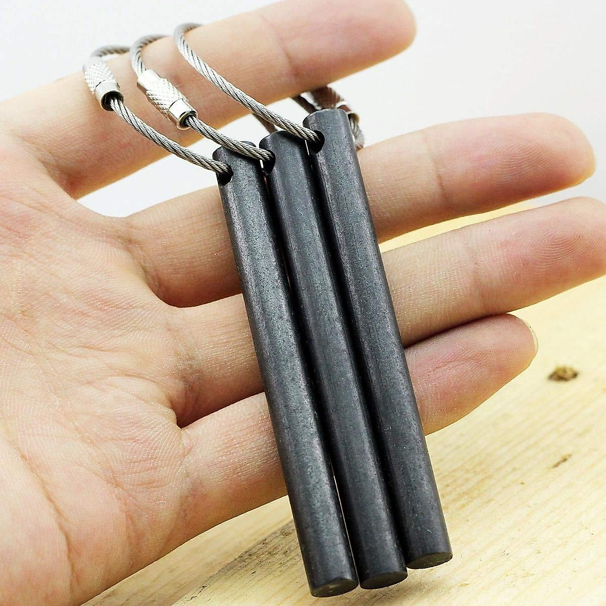 bayite Survival Drilled Ferrocerium Ferro Rod Flint Fire Starter Rods with Keychain Ring 3.14 Inch Pack of 3