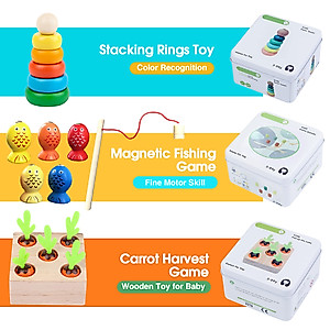 Uncle Nick Montessori Wooden Toy for Baby Stacking Raing Toy Carrot Harvesting Magnetic Fishing Game for 3 Year Old Boy Girls, Early Educational Learning Toy for Preschool