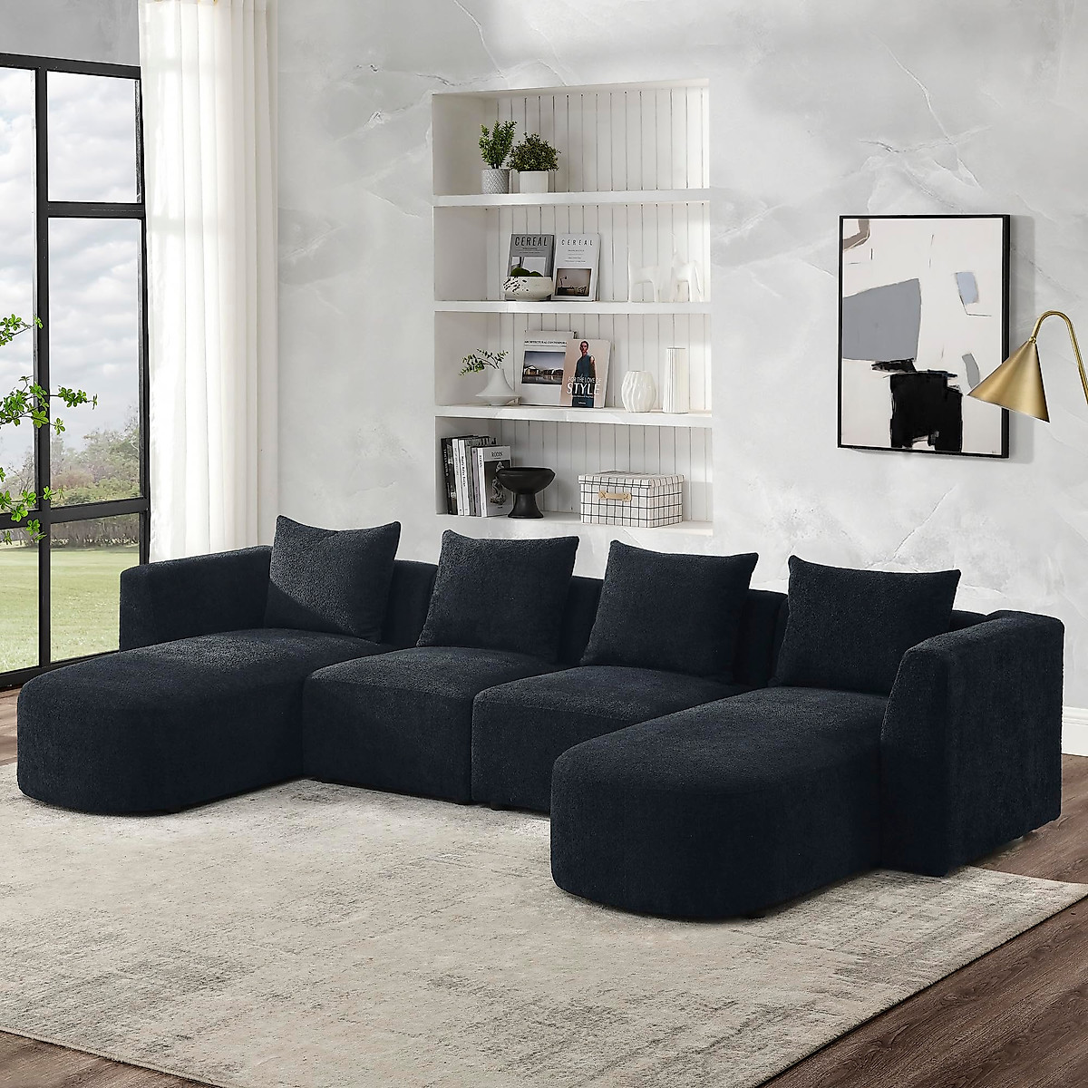 Melpomene 117 "Minimalist Upholstery Boucle Fabric U-Shape Modular Sectional Sofa Couch，Curved Sofa Includes 2 Single Chair 2 Chaise Longue,Living Room Furniture Set,Black