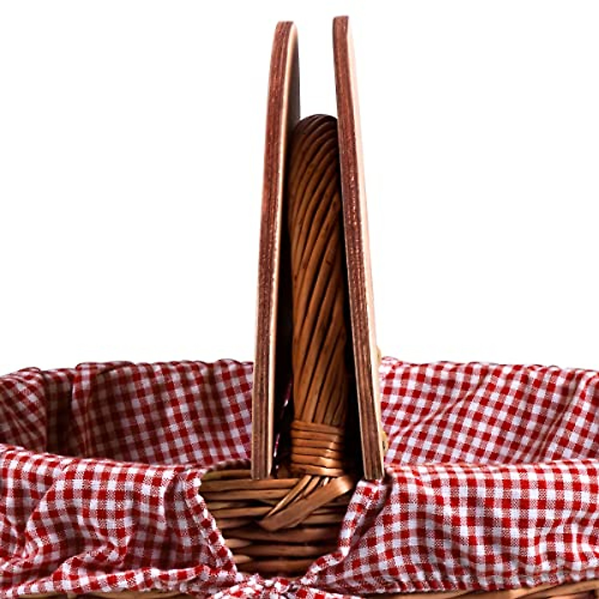 PICNIC TIME - Country Vintage Picnic Basket with Lid - Wicker Picnic Basket for 2, (Red & White Gingham Pattern)