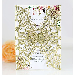 50sets Glitter Laser Cut Lace Flora Wedding Invitation Cards with Butterfly and Envelopes for Bridal Shower Engagement Quinceañera Wedding Invite (Only invitation Cards, Glitter Gold)