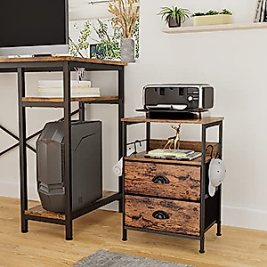 Furologee Nightstand with 2 Fabric Drawers, Bedside Table, End Table with Open Wood Shelf, Side Sofa Table with 2 Hooks for Bedroom/Living Room/Study/Halway/Rustic Brown