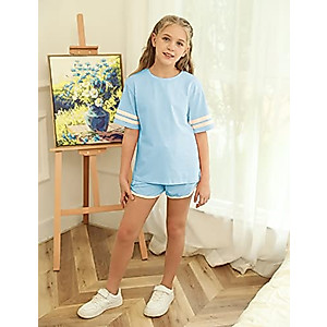 simtuor Girls Summer 2 Piece Outfit Crew Neck Striped Tops Elastic Waist Short Sets with Pockets Blue 6-18 Years
