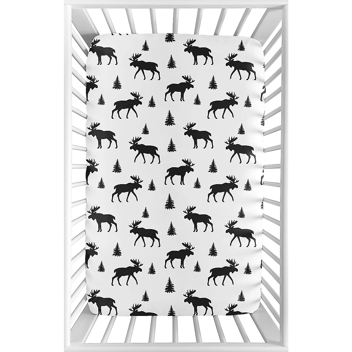 Sweet Jojo Designs Black and White Woodland Moose Baby Boy Fitted Mini Portable Crib Sheet for Rustic Patch Collection - for Mini Crib or Pack and Play ONLY