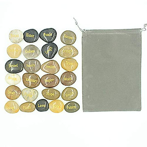 25 Engraved Inspirational Stones with Words of Encouragement – Gold Engraved Stones for Worry Stones, Affirmation Stones, Meditation Stones, Gift Rocks with Inspirational Words of Prayer, Velvet Bag