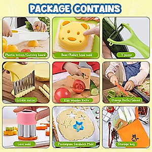ZIJUND 22PCS Wooden Kids Kitchen Knife, Crocodile Kids Knife Set with Gloves Cutting Board Fruit Vegetable Crinkle Cutters Serrated Edges Plastic Toddler Knifes for Real Cooking Kid Safe Knives