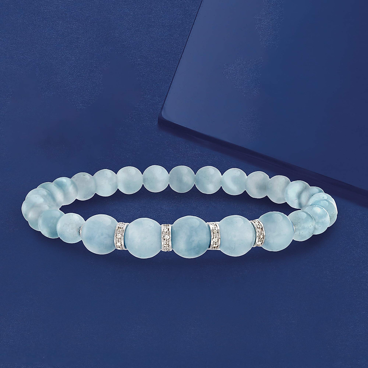 Ross-Simons 6-8mm Gem Bead Stretch Bracelet with .24 ct. t.w. Diamonds in Sterling Silver