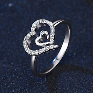 Gold Double Heart Ring for Women Delicate 14K Gold Plated Heart in Heart Wedding Jewelry Promise Love Ring for Her Gift (925 Silver - Silver, 7)