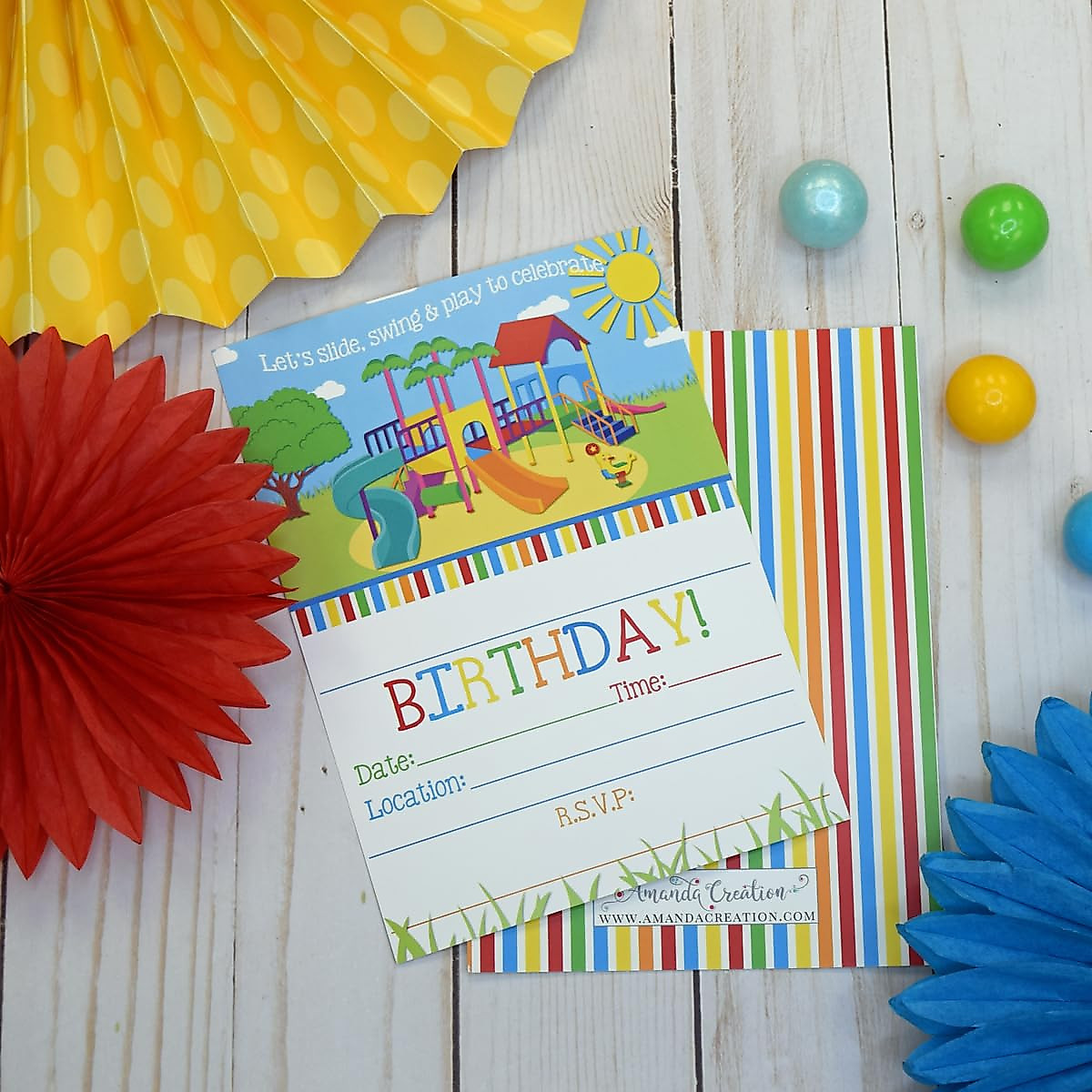 Party in the Park Playground Birthday Party Invitations, 20 5x7 Fill In Cards with Twenty White Envelopes by AmandaCreation