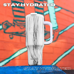 Thermosis 40 oz Tumbler with Handle and Straw | Leakproof Tumbler with Straw Insulated Travel Mug Fits Cupholders | Insulated Cup 40 oz Water Bottle with Straw Stainless Steel Tumbler - White Marble