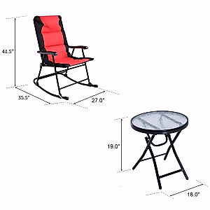 Tangkula 3 Pieces Folding Bistro Set, Outdoor Rocking Chairs with Round Table Set, Foldable Chairs & Glass Top Coffee Table, Patio Folding Furniture Set for Backyard, Garden, Poolside, Porch (Red)