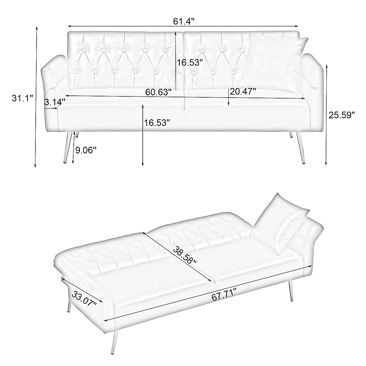 Jintop 67.71 Inch Waterproof Faux Leather Upholstered Sleeper Sofa-Bed and Adjustment Armres,Tuffed Button Couch Chaise w/Metal Legs & Pillows,for Dorm,Apartment,Studio,White, 67.71"
