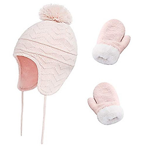 Kids Winter Beanie Hat Mittens Set Warm Fleece Hat Baby Toddler Knitted Hat & Gloves for Boys, Girls Pink