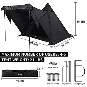 Wolf Walker Camping Tent for 4-5 Person Teepee Indian Tent with Windproof Belt Double Layers Waterproof Sunscreen Shelter Anti-UV Pyramid Spire Yurt Tents for Outdoor Family Hunting Black