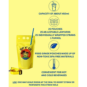 25 PCS Wearable Drink Pouches with Straw, Drink Pouches with Lanyard, Reusable Pouches for Adults and Kids, Funnel Included