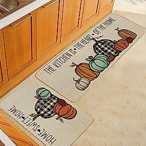 GEEORY Fall Kitchen Mats, Set of 2 Pumpkins Buffalo Plaid Check Floor Mat Farmhouse Party Seasonal Holiday Decorations 17x29 and 17x47 Inch (Black and White) GK067
