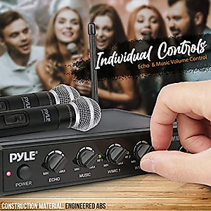 Pyle Wireless Karaoke Microphone System - Portable Audio Sound Mixer Receiver Set w/Dual Mic Setting, Two Handheld Mics, 3.5mm AUX & RCA Cord - for DJ Sound, Home Party, & Theater - PDKWM102UM