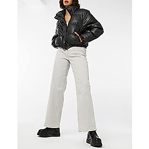 Tanming Womens Faux Leather Puffer Jacket Winter Long Sleeve Black Short Bubble Coat (Black-S)