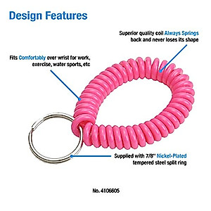 Lucky Line 2” Diameter Spiral Wrist Coil with Steel Key Ring, Flexible Wrist Band Key Chain Bracelet, Stretches to 12”, Neon Pink, 5 Pack (4106605)