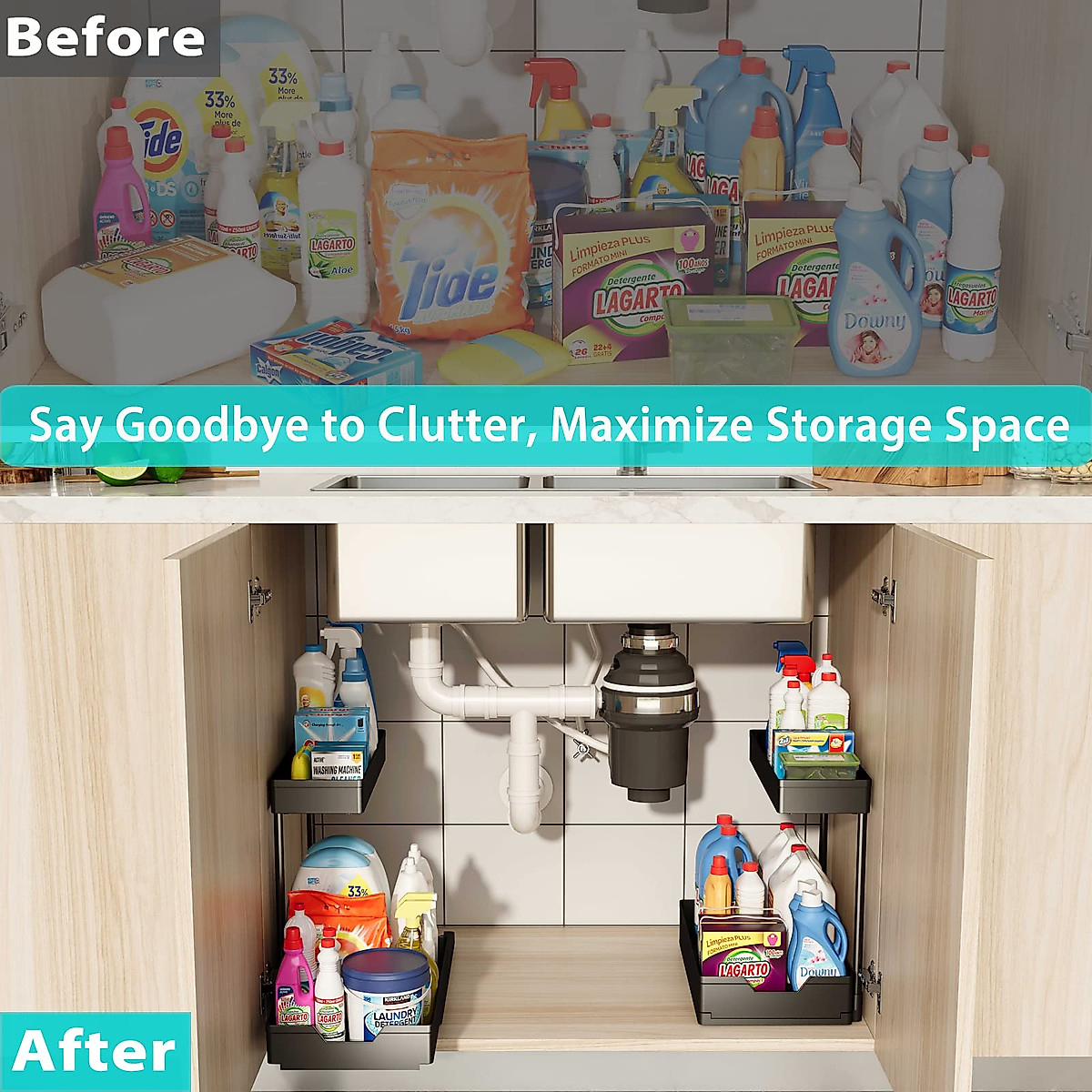 Under Sink Organizers and Storage 2 Packs, 2 Tier Pull Out Cabinet Organizer L-shaped, Sliding Under Bathroom Kitchen Sink Shelf, Multi-Purpose Organization and Storage for Bathroom Kitchen Cabinet