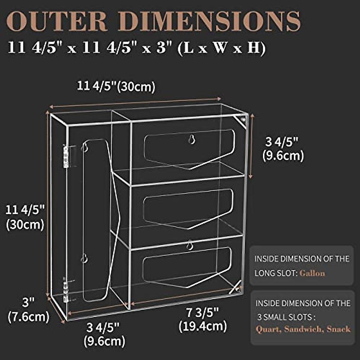 Ziplock Bag Storage Organizer, Acrylic Baggie Organizer for Drawer Kitchen Clear Plastic Food Storage Bags Holder Organizer for Gallon, Quart, Sandwich, Snap, Freezer, Slider Bags, 12 Inch