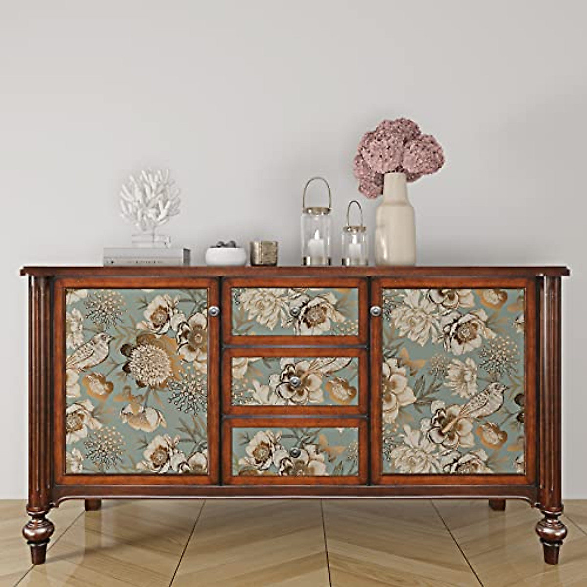 ReWallpaper Vintage Gold Floral Wallpaper Garden Bird Flower Peel and Stick Wallpaper for Bedroom Accent Wall 17.5in X 10ft Dark Cyan Teal Contact Paper for Cabinets Peel & Stick Vinyl Wall Paper