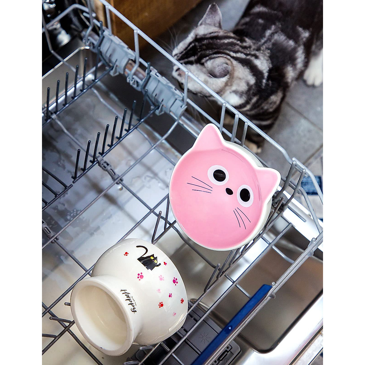 AISBUGUR Ceramic Cat Bowls Set of 2, Elevated 15 Tilted Design for Indoor Cats, Large Capacity, Easy to Clean, Non-Slip Base, Cute Pattern,Pink