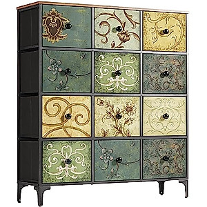 AOPSEN 12 Drawer Dresser, Tall Dressers for Bedroom with Storage Drawer, Wide Chest of Drawers for Bedroom, Wooden Top and Metal Frame, Modern Bedroom Dresser for Clothes Closet Kids Living Room