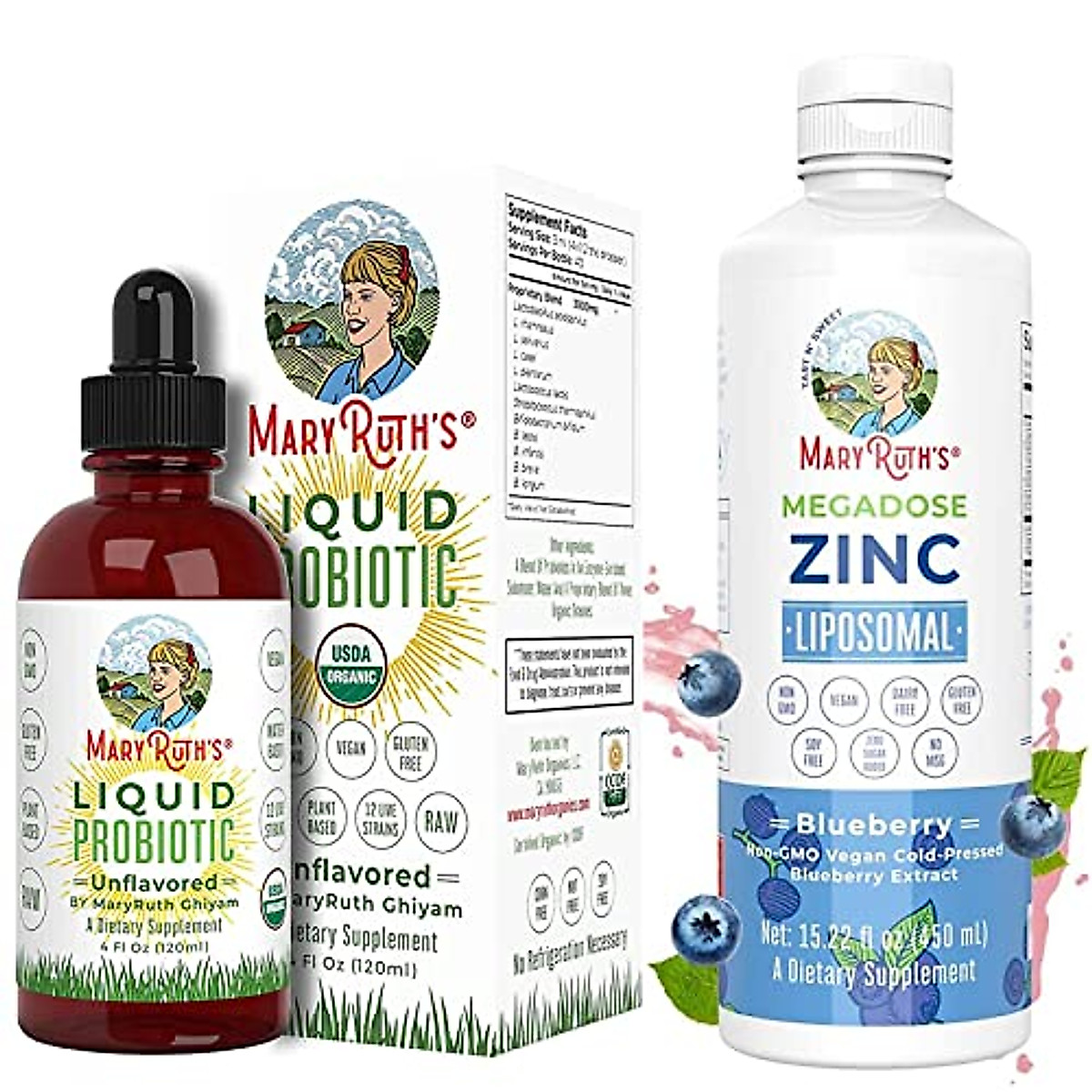 Liquid Probiotics & Megadose Zinc Liposomal Bundle by MaryRuth’s| Vegan, Organic, Plant-Based & Non-GMO, Unflavored with Acidophilus | Immune Support Liposomal for Men & Women