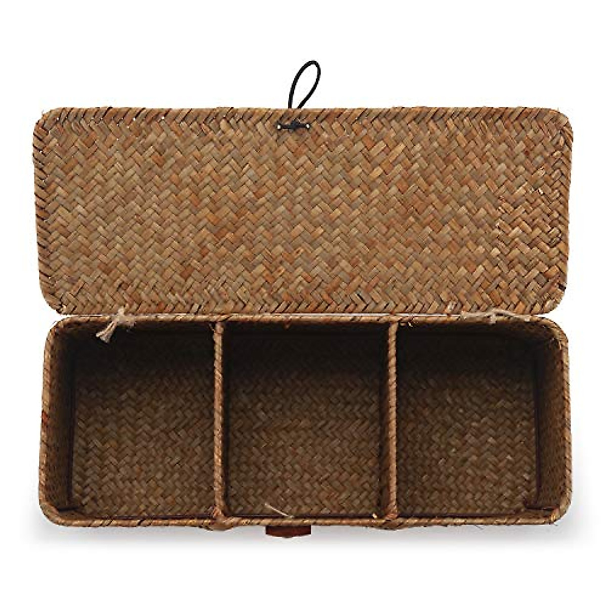 DOKOT Woven Basket with Lid, Seagrass Storage Baskets, Wicker Basket with Lid, Woven Rattan Storage Basket with Lid, Rectangular Seagrass Bin with Grid Home Organizer, Rattan Storage with Lid