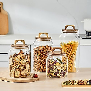 Sweejar Large Glass Candy Jars with Wooden Lids, 1 Gallon Glass Jar with Lid, Sugar/Flour Storage Containers, Big Glass Canisters with Airtight Lid, 1 Pack, Hand Lid
