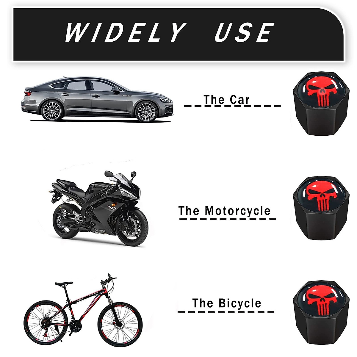 Ajxn 4 Pack Skull Car Wheel Tire Valve Stem Caps Airtight Dust Proof Covers Universal Tire Air Valve Caps, Trucks, Bicycles, Car Accessories for Men and Women Red