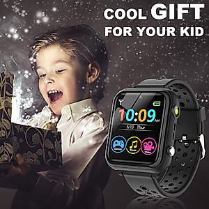 Smart Game Watch for Kids, IP67 Waterproof Kids Smart Phone Watch with 11 Puzzle Games 1.44" HD Touch Screen Music Player Camera Video Recorder Alarm Clock Birthday Learning Toys Boys Girls (Black)
