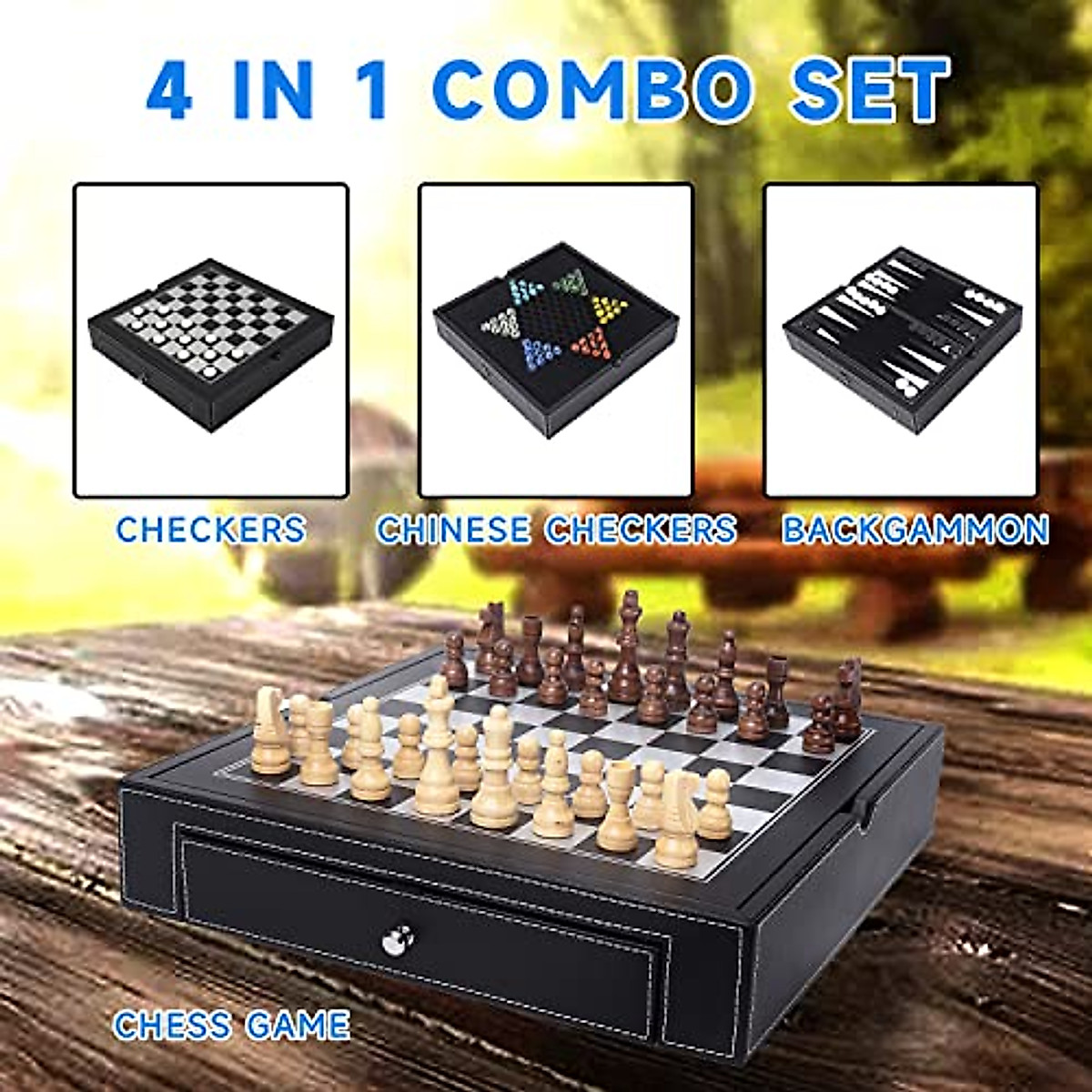 GSE 12.5" Premium Leather 4-in-1 Chess, Checkers, Backgammon and Chinese Checkers Board Game Combo Set. Board Strategy Game for Kids & Adults