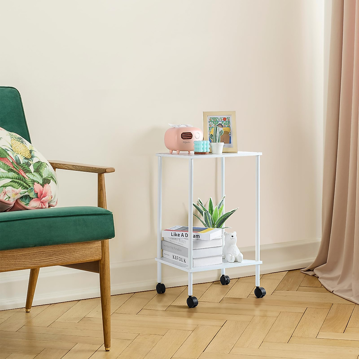 Vrisa End Tables Living Room Industrial Narrow Side Tables Nightstand with Wheels Bedside Table with Storage Shelves for Small Spaces Bedroom Living Room Guest Room Couch, White