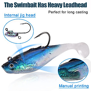 Pre-Rigged Jig Head Soft Fishing Lures, Paddle Tail Swimbaits for Bass Fishing Shad Freshwater Saltwater Fishing Trout Pike Walleye Crappie