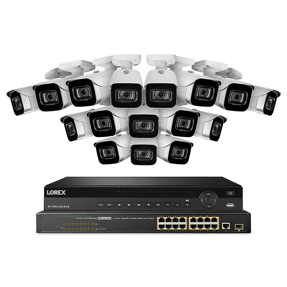 Lorex NC4K8-3216WB 32 Channel 4K Surveillance System with N882A38B 8TB 4K Fusion NVR, 16 Port ACCLPS263B POE Switch and 16 E841CA-E 8MP White Bullet Cameras