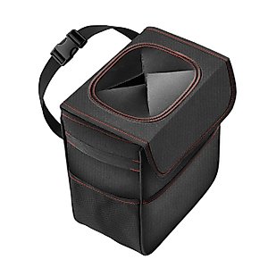 Simple Deluxe Car Trash Can with Lid and Storage Pocket, Leak-Proof Car Garbage Can with Adjustable Strap, Collapsible Portable and Waterproof Trash Bag, 2 Gallon, 8.2" L x 5.5" W x 10.2" H, Black