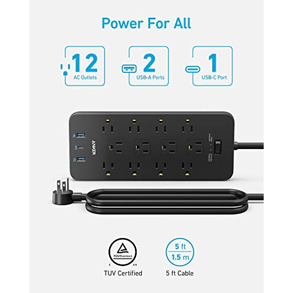 Surge Protector Power Strip (2100J), Anker 12 Outlets with 1 USB C and 2 USB Ports foriPhone 15/15 Plus/15 Pro/15 Pro Max, 5ft Extension Cord, Flat Plug, 20W USB C Charging for Home, Office,TUV Listed