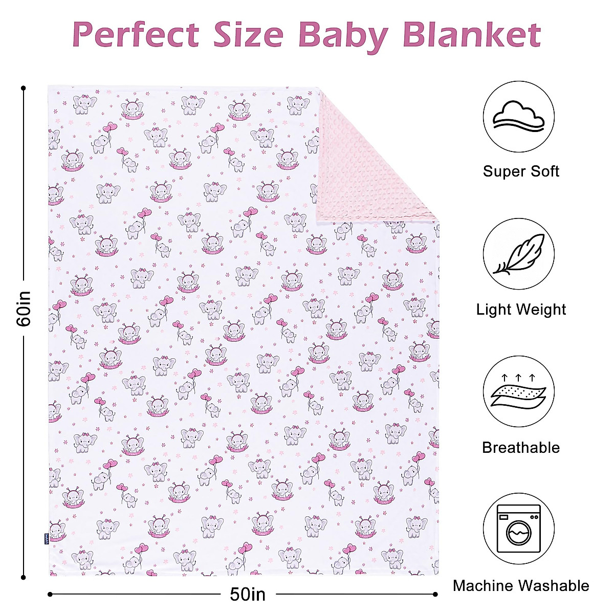 QSTEHEML Baby Blanket for Boys Girls Super Soft Blanket,Fluffy Warm Lightweight Baby Receiving Blankets,Double Layer with Dotted Backing for Toddler Nursery (Elephant, 50 * 60inch)