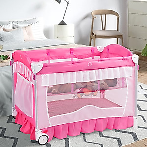 BABY JOY 4 in 1 Pack and Play with Extended Canopy, Portable Baby Playard Bedside Sleeper with Side Zipper Entrance, Wheels & Brake, Baby Girl Pink Bassinet Crib from Newborn to Toddler