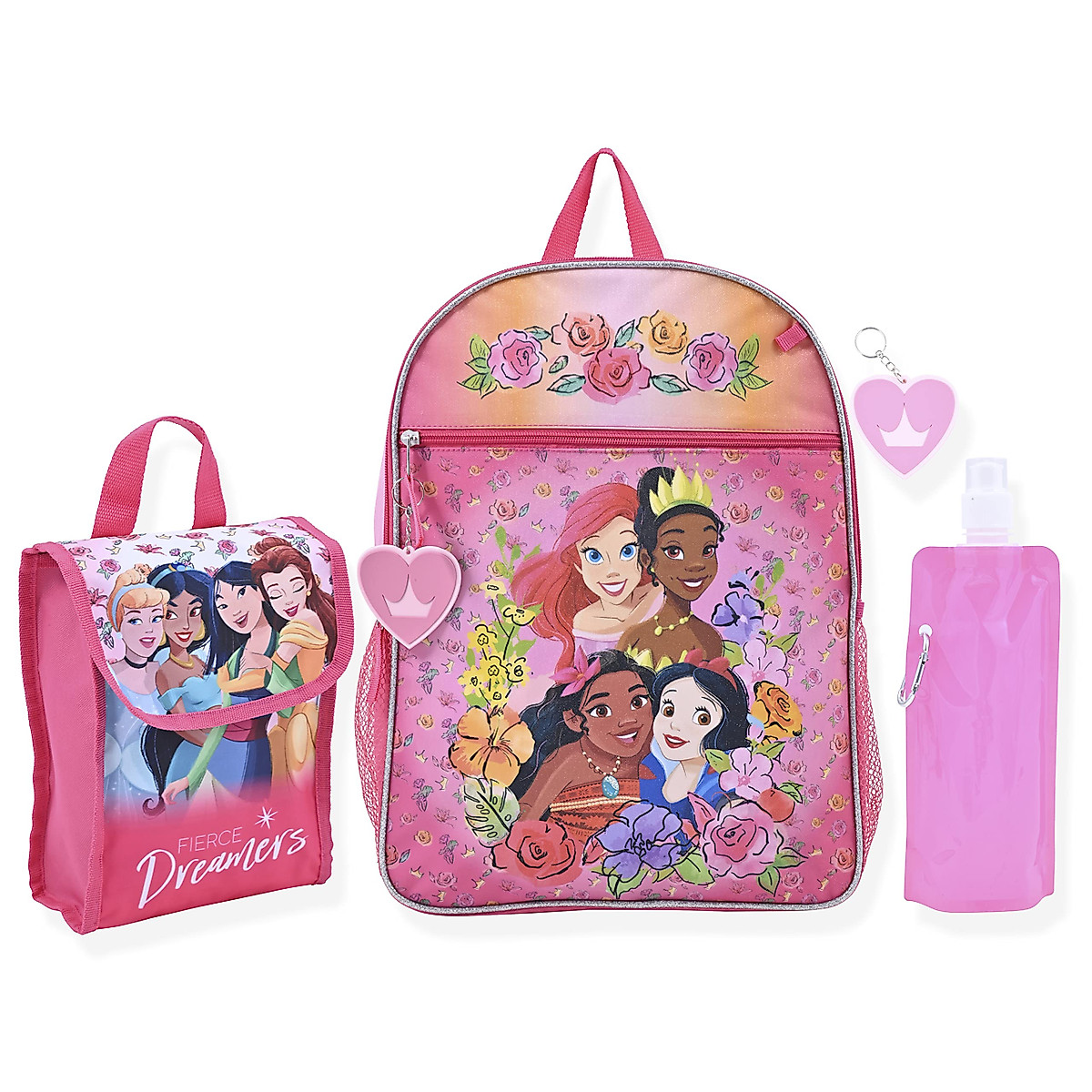 Disney Princess Girls Backpack for Little Kids | 6 Piece Set Girls Water Bottle Keychains Snack Tote and Knapsack for School